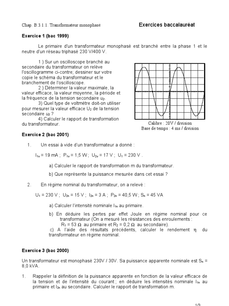 Exercices Bac - Transformateur Monophase | PDF | Transformateur ...
