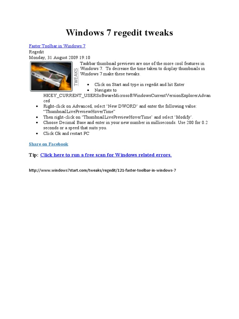 Windows 7 Regedit Tweaks | PDF | Computers