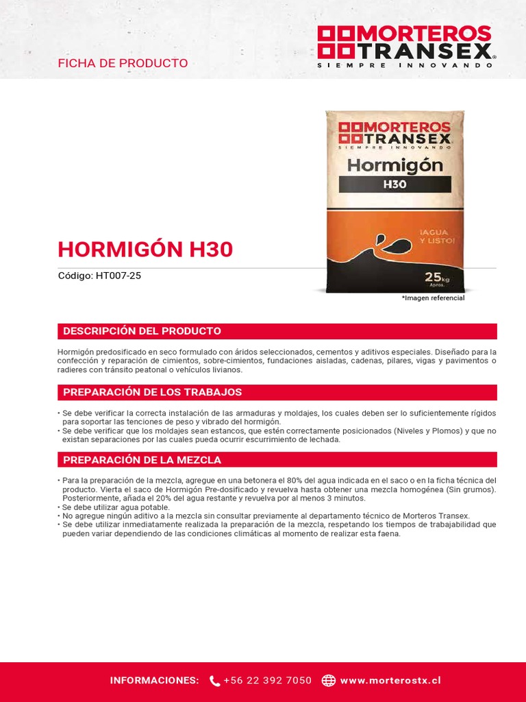 Ficha Técnica del Hormigón H30 | PDF | Hormigón | Materiales