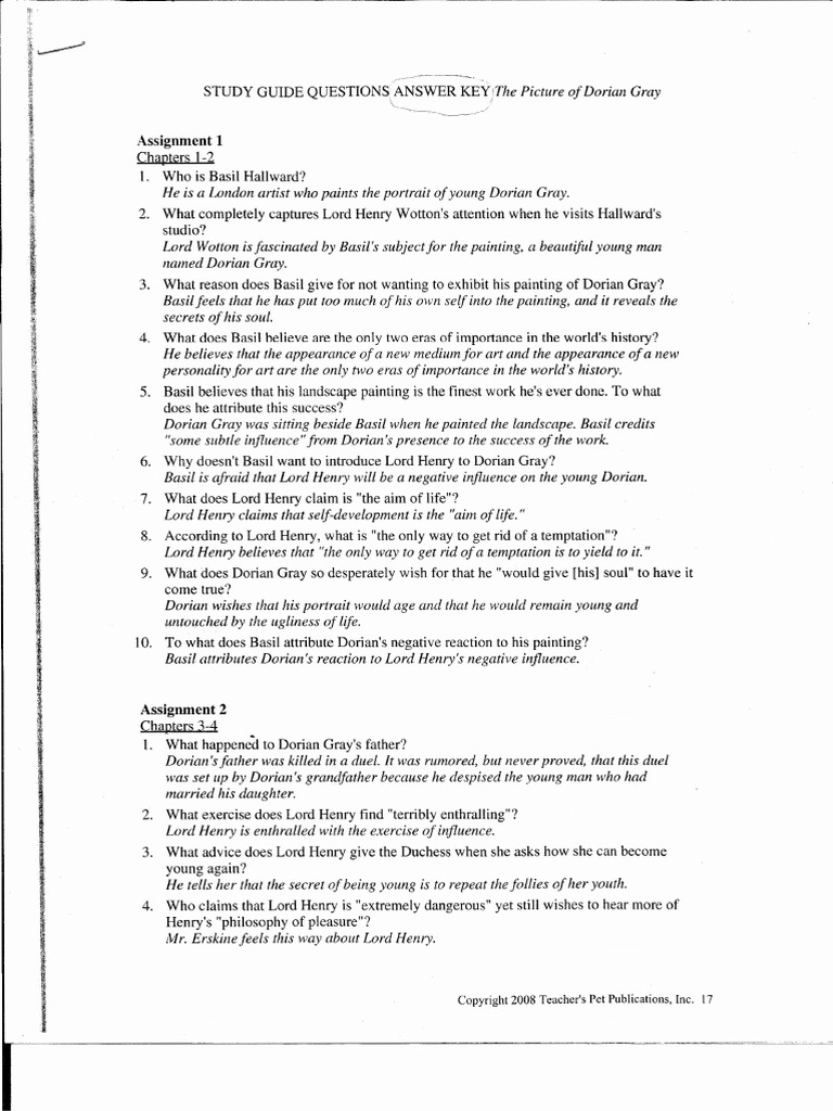 The Picture of Dorian Gray Study Guide Answers PDF | PDF