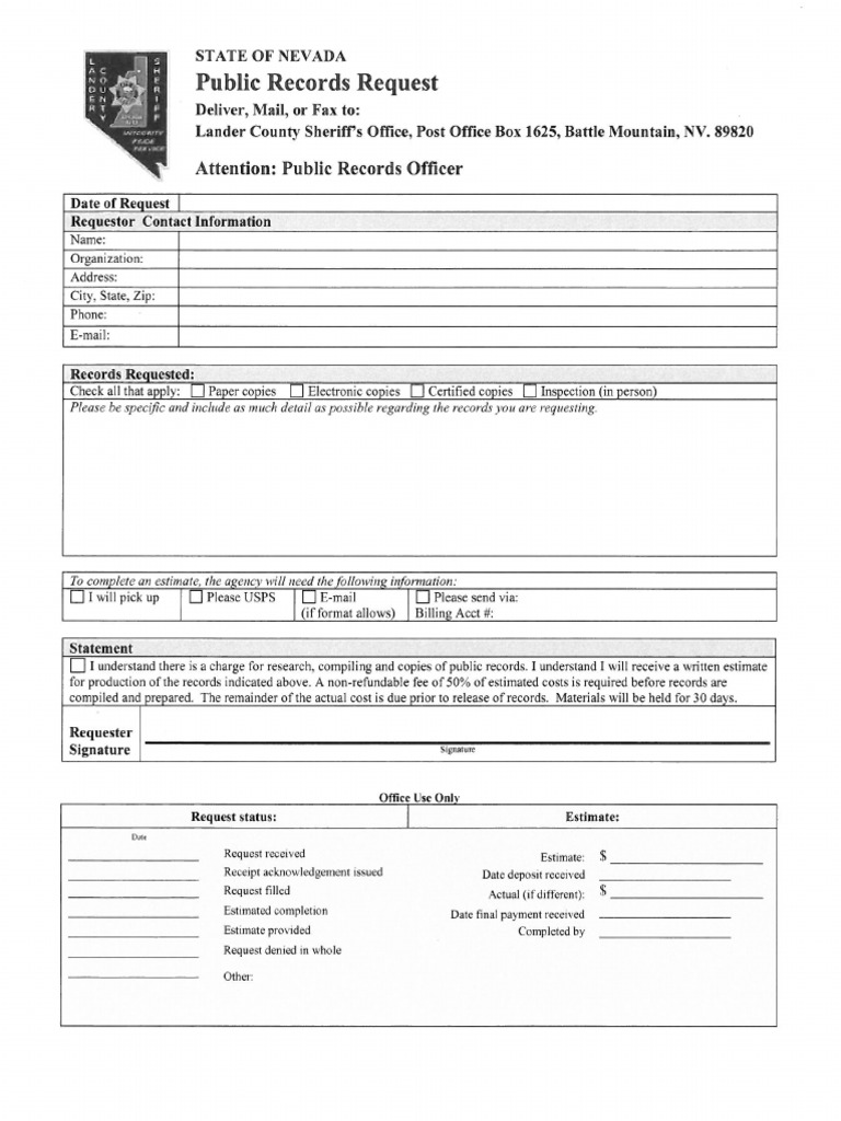 Lander County Sheriff Request Form | PDF
