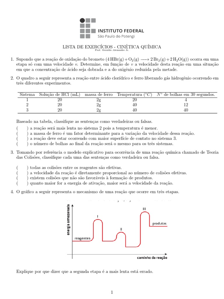 Lista De Exercicios Cinetica Quimica Pdf Pdf Reações Químicas Vinhos