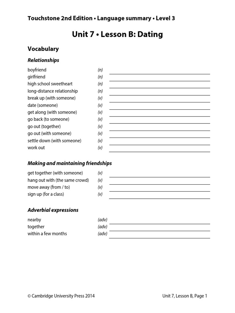 Unit 7 - Lesson B: Dating: Touchstone 2nd Edition - Language Summary ...