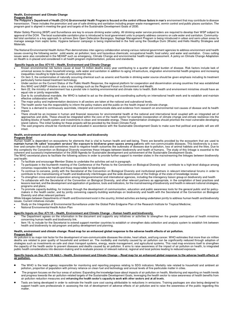One Page Briefer On Environmental Health | PDF | Air Pollution | Sanitation