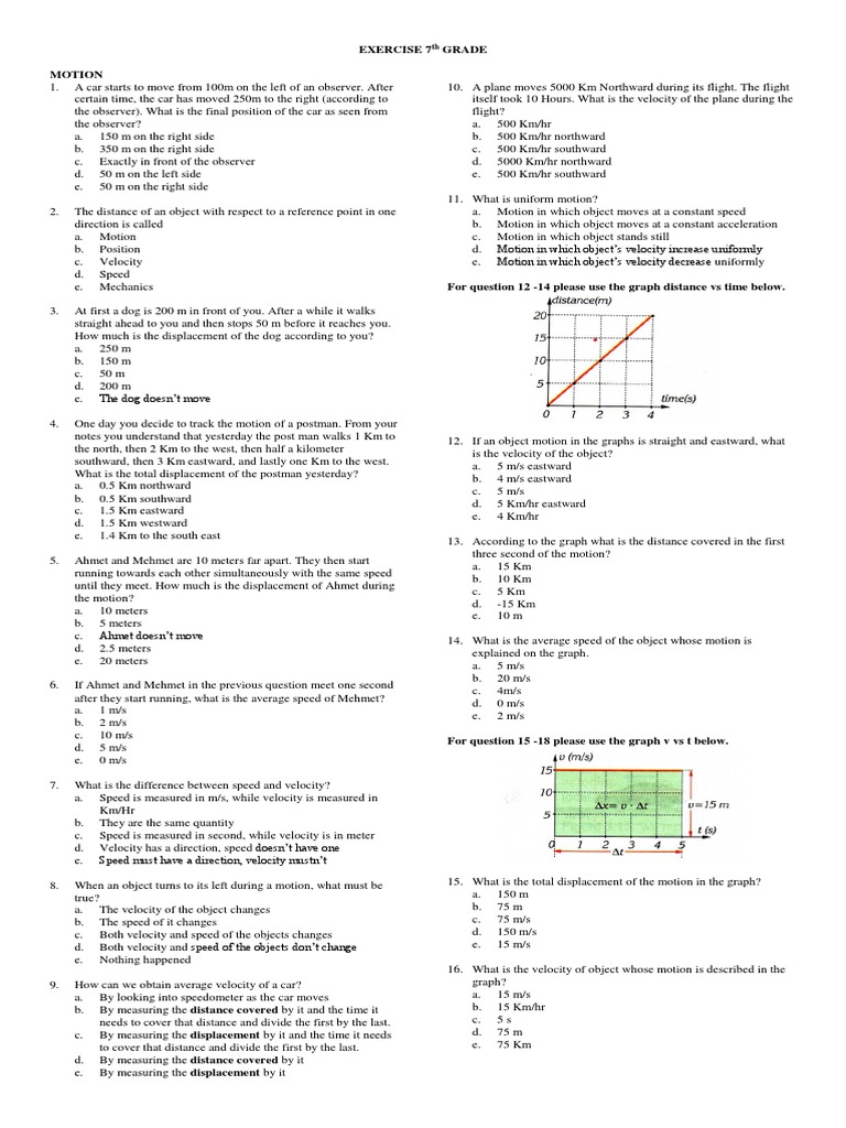 Exercise 7 Grade Motion | PDF | Velocity | Acceleration