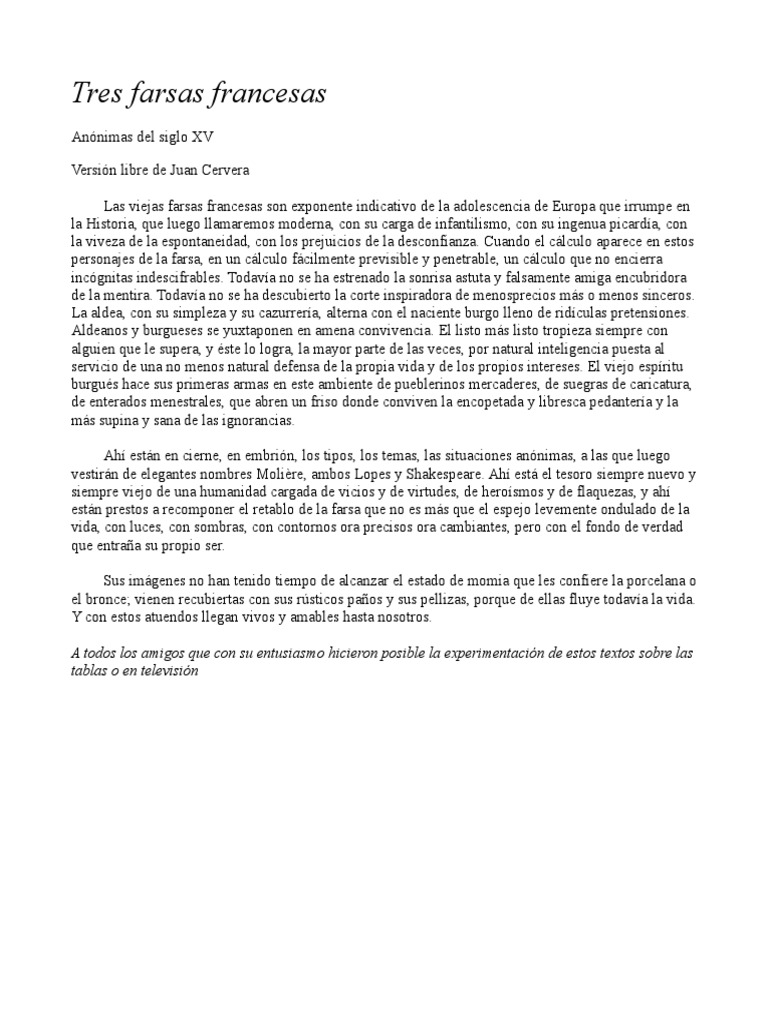 Tres Farsas Francesas (Introducción) | PDF | Teatro | Las artes escénicas