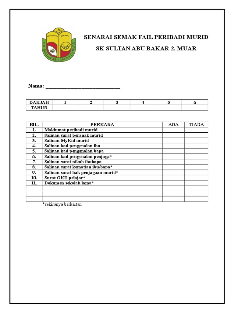 Senarai Semak Fail Peribadi Murid | PDF