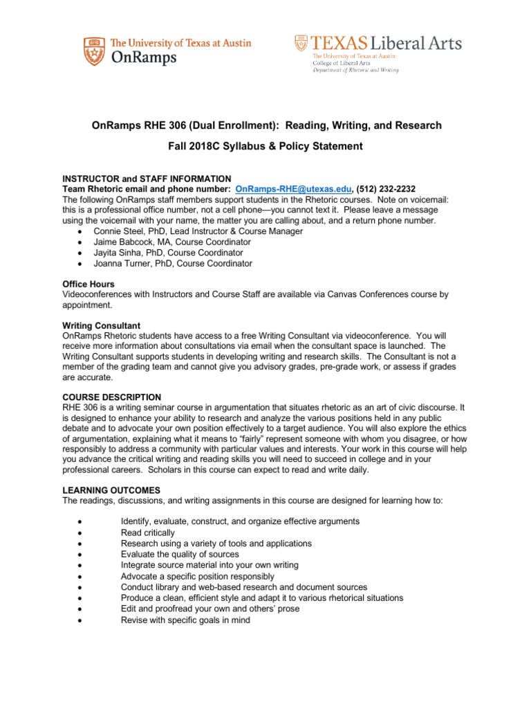 Syllabus Rhe306 Onramps C Fall 2018 C | PDF | Course Credit | Curriculum