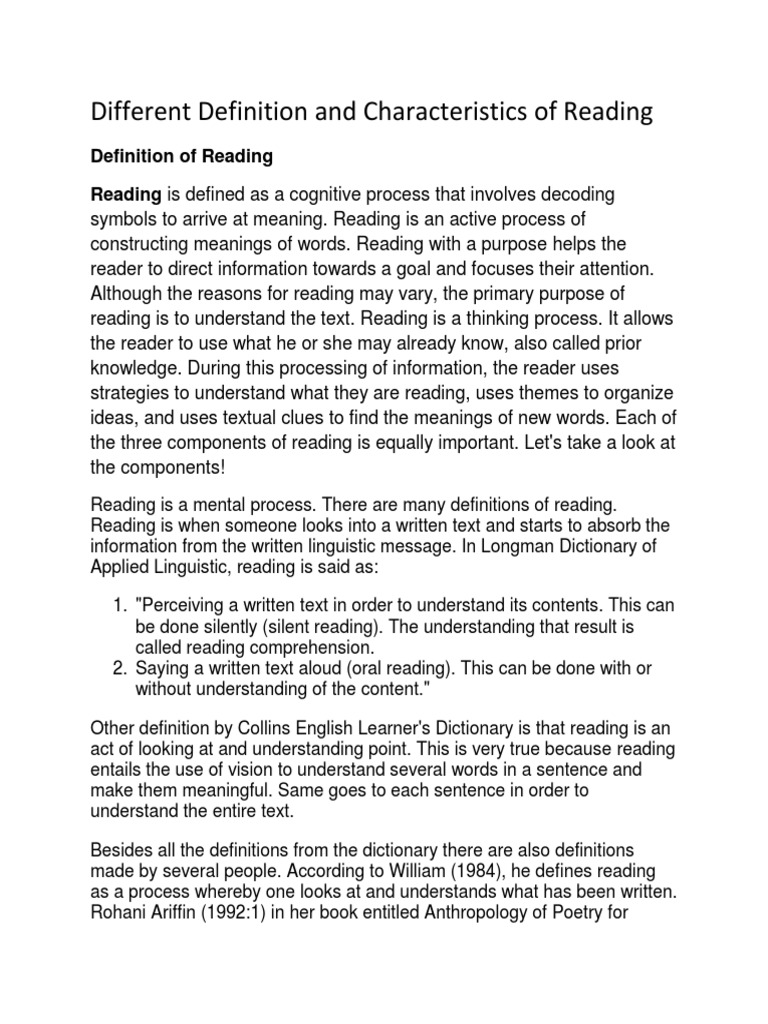 Different Definitions and Characteristics of Reading Skills | PDF ...