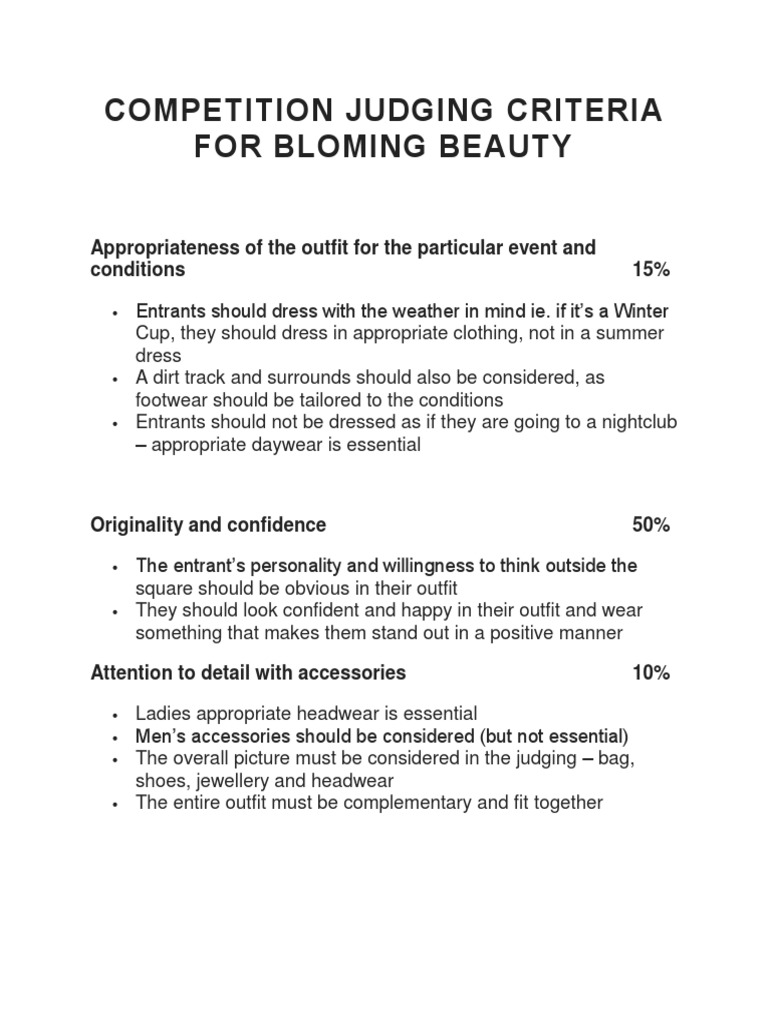 Competition Judging Criteria For Bloming Beauty | PDF | Clothing ...