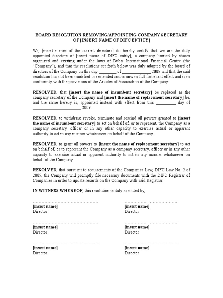 ResolutionLTDforappointment and Cessation of Company Secretary 0 | PDF ...