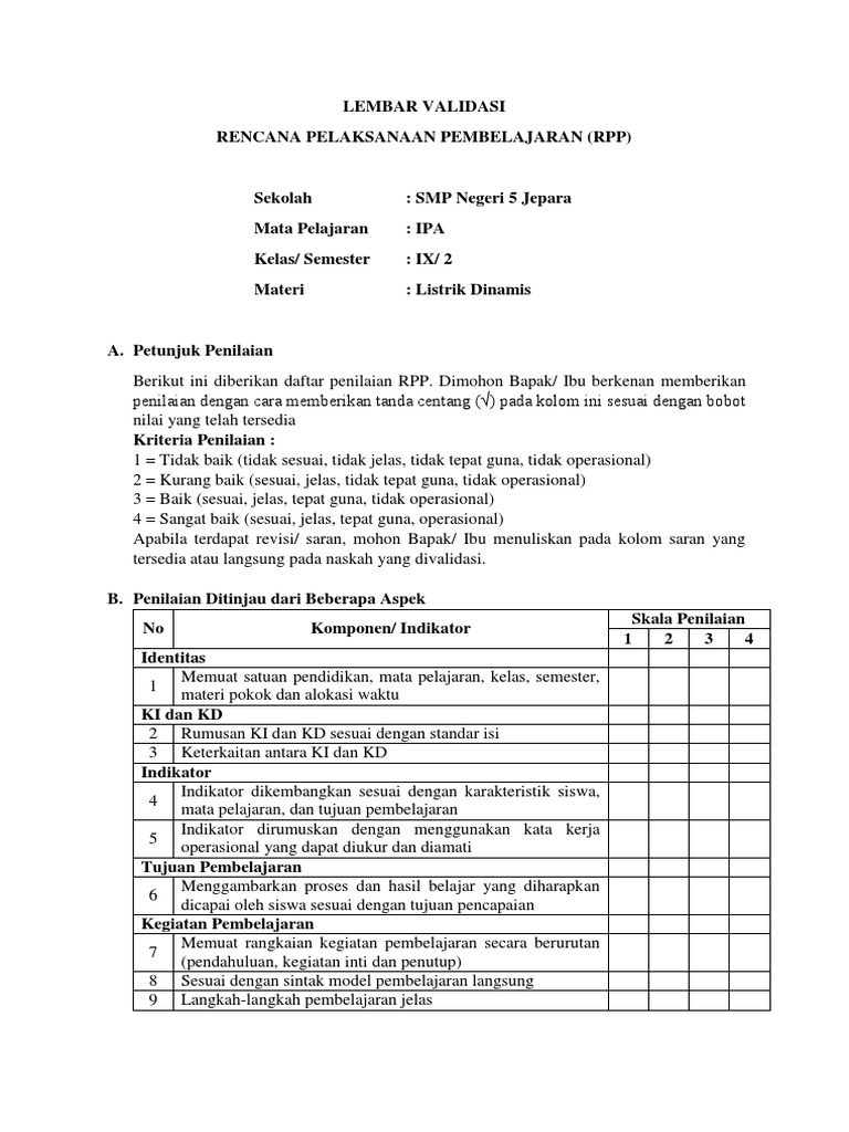 Lembar Validasi RPP | PDF