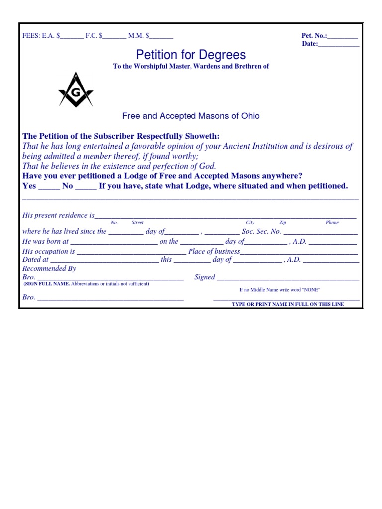 Petition for the Degrees of Freemasonry: Document Outlining ...