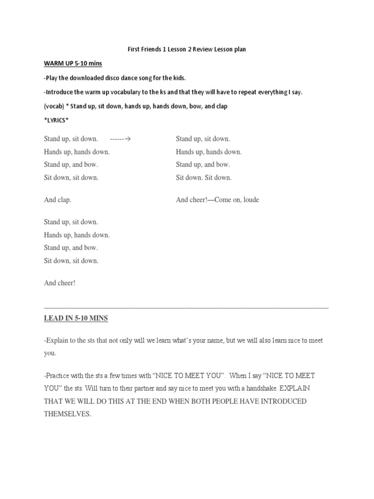 First Friends 1 My Classroom Lesson Plan | PDF | Entertainment (General)