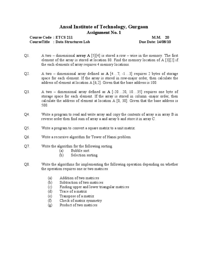 Ds Assignment 3rd Sem Ipu Pdf Matrix Mathematics Algorithms And