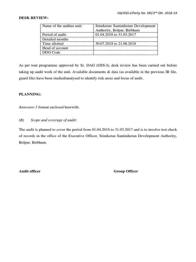 Desk Review & Planning-SSDA | PDF | Auditor's Report | Audit