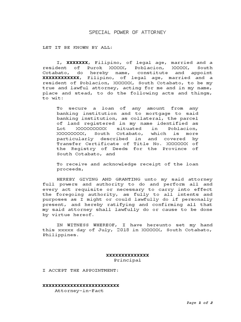 SPA For Loan From Banks | PDF | Power Of Attorney | Common Law