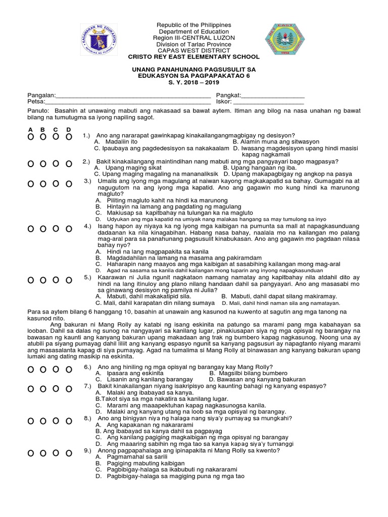 Grade 6 First Periodical Test in ESP
