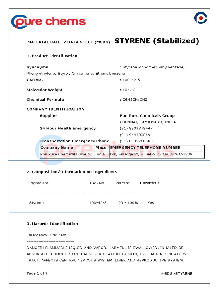 Styrene Monomer MSDS | PDF | Dangerous Goods | Combustion
