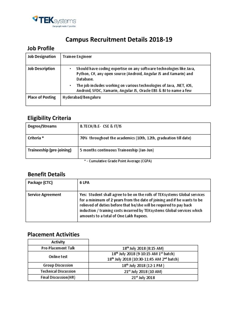 TEKsystems - Campus Details | PDF