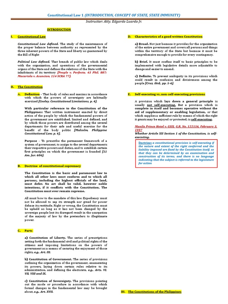 00.consti 1 - Course Outline Doctrines For Intro, Consti, State Immunity | PDF | Constitutional ...