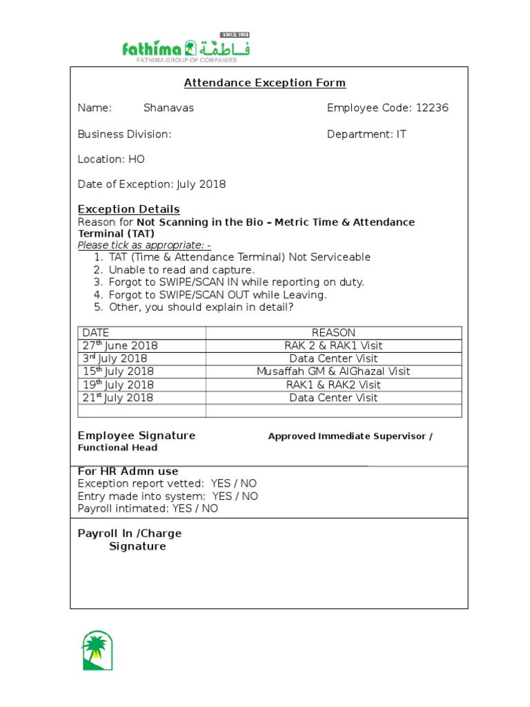 Attendance Exception Form Submission | PDF