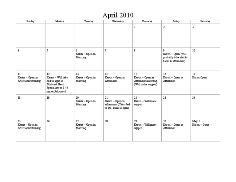 Karen's April 2010 Availability Schedule | PDF
