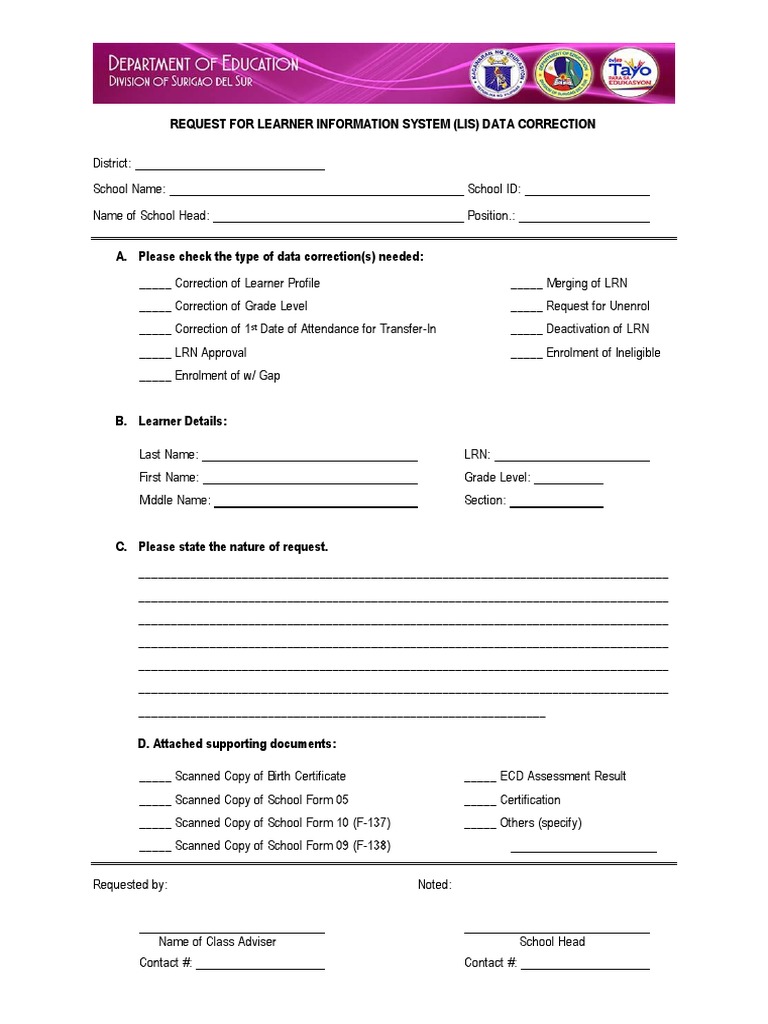 REQUEST FOR LEARNER INFORMATION SYSTEM LIS DATA CORRECTION - v2 | PDF
