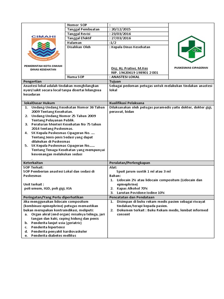 SOP Anastesi Lokal Puskesmas Cipageran | PDF | Kesehatan Holistik