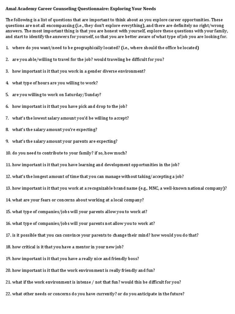 Amal Academy Career Counseling Questionnaire - Exploring Your Needs | PDF | Behavioural Sciences ...