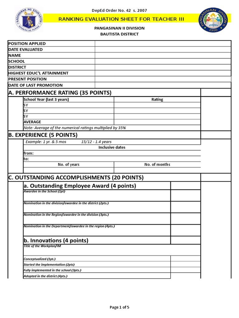 A. Performance Rating (35 Points) : Deped Order No. 42 S. 2007 | PDF ...
