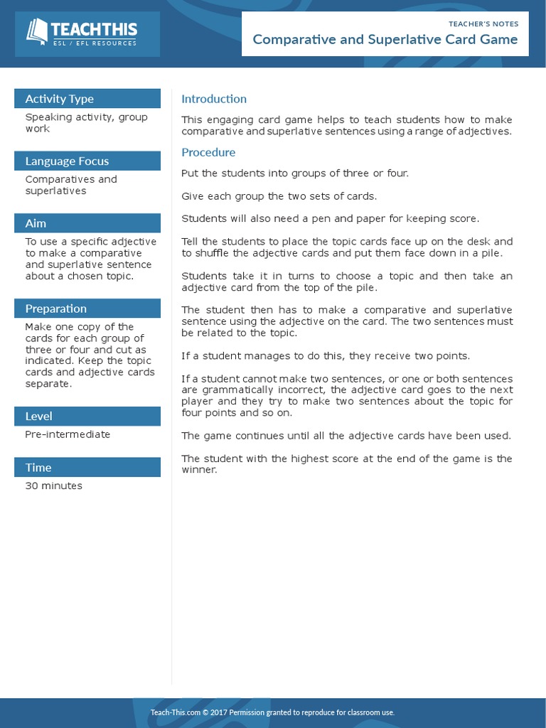 Comparative and Superlative Card Game | PDF | English As A Second Or ...