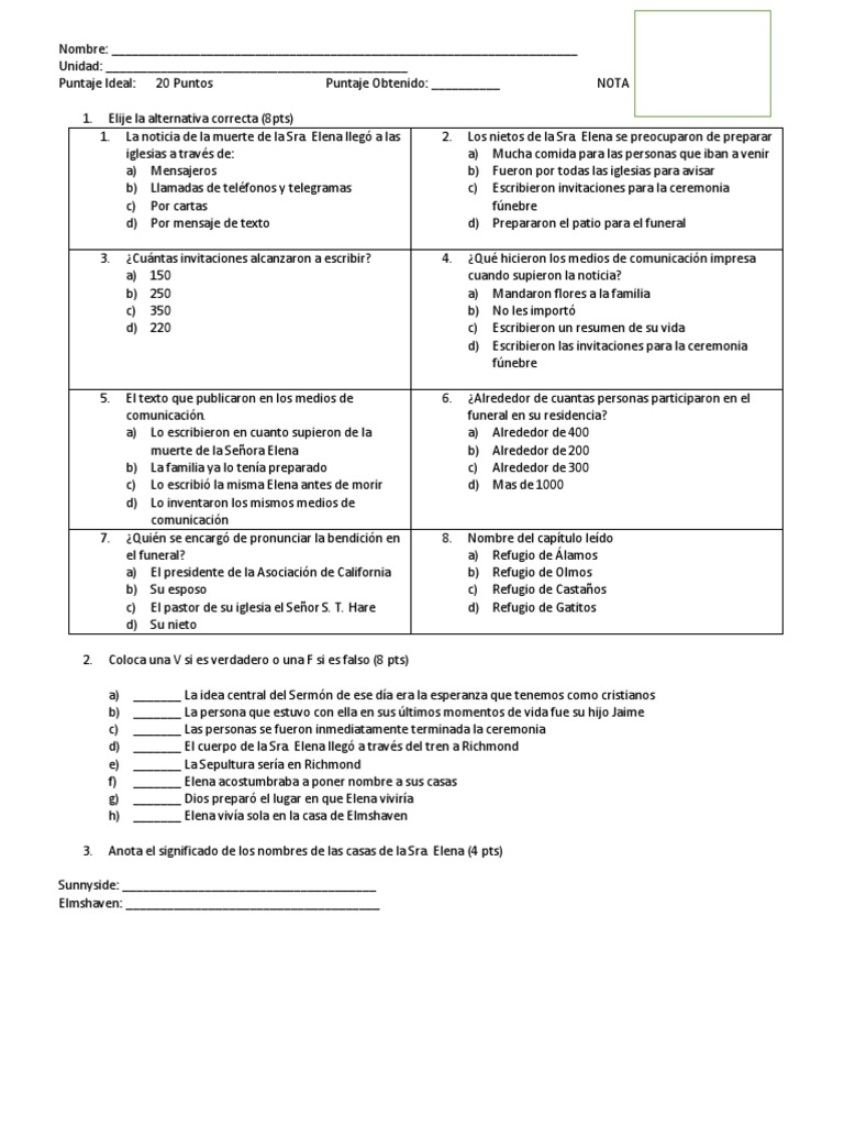 Prueba Capitulo 3 Libro Vaso de Barro | PDF | Funeral