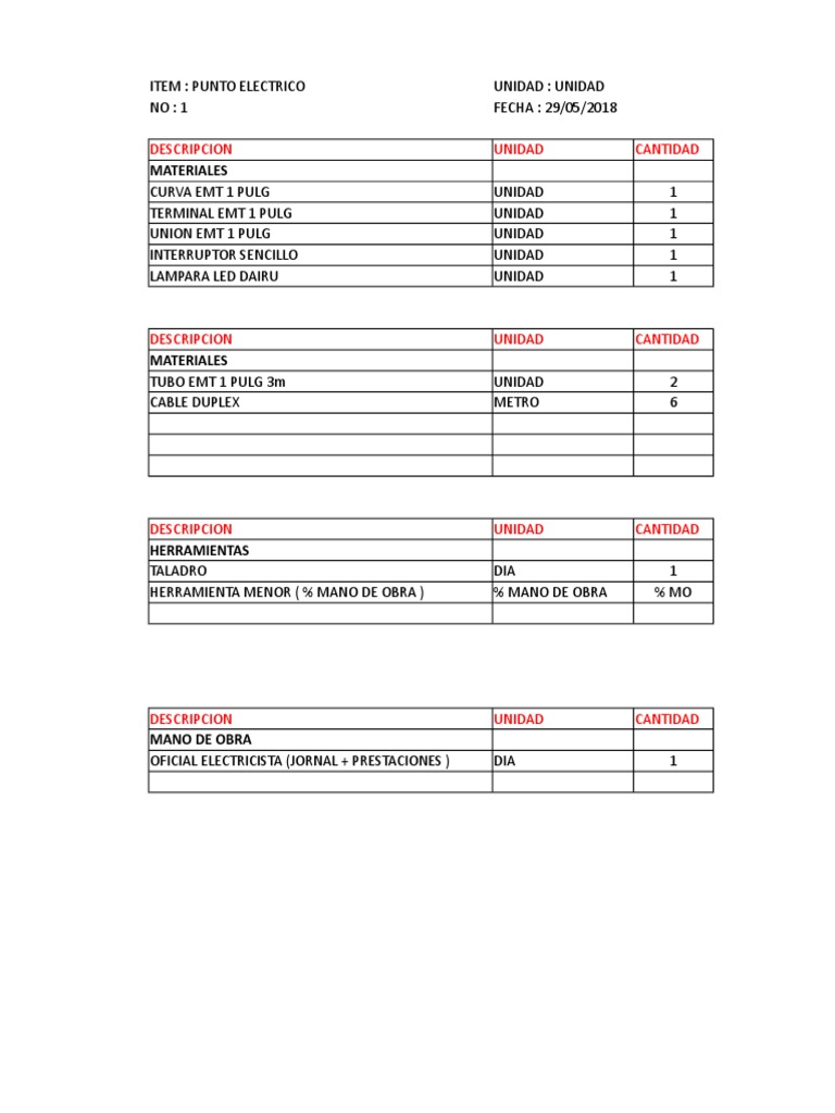 Punto Electrico Apu Excel | PDF