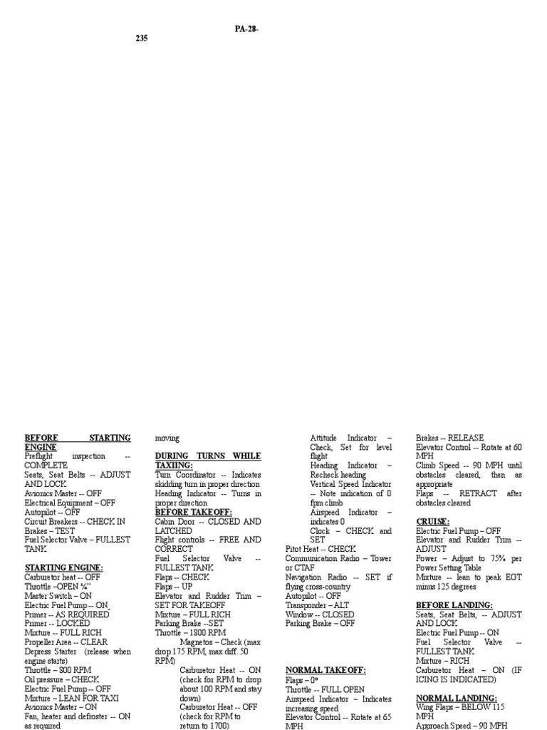 Eric Duensing Pa28 235 Checklist | PDF | Carburetor | Throttle