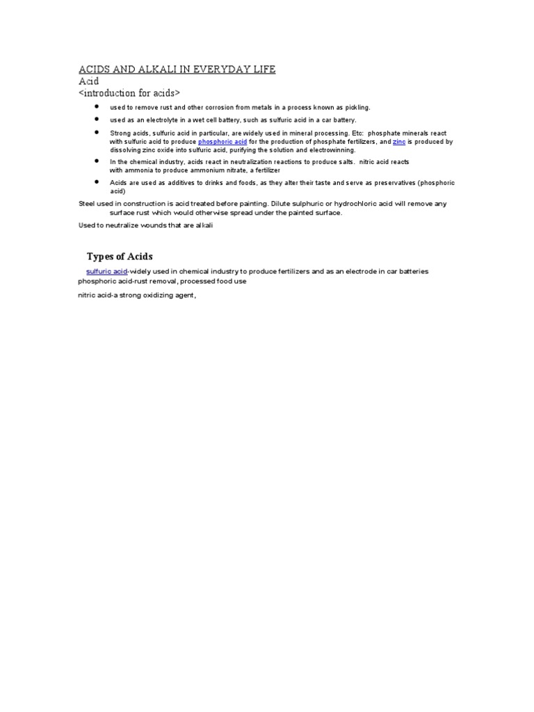 Acids and Alkali in Everyday Life | PDF | Sulfuric Acid | Acid