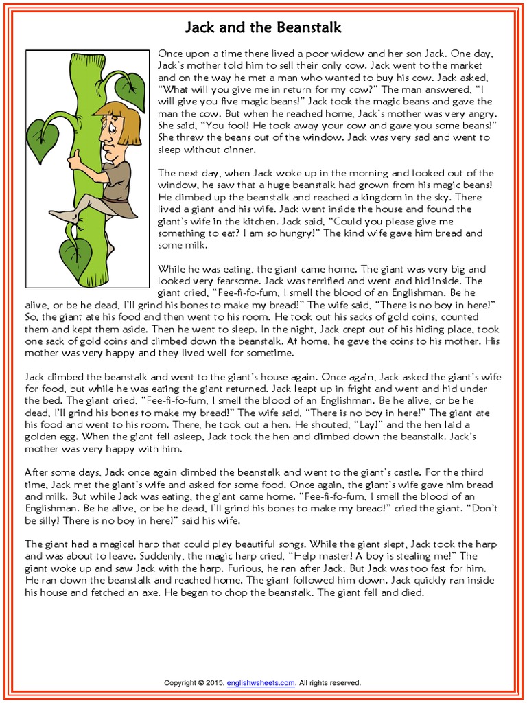 Jack and The Beanstalk Fairy Tale Reading Worksheet PDF | PDF | Cooking ...