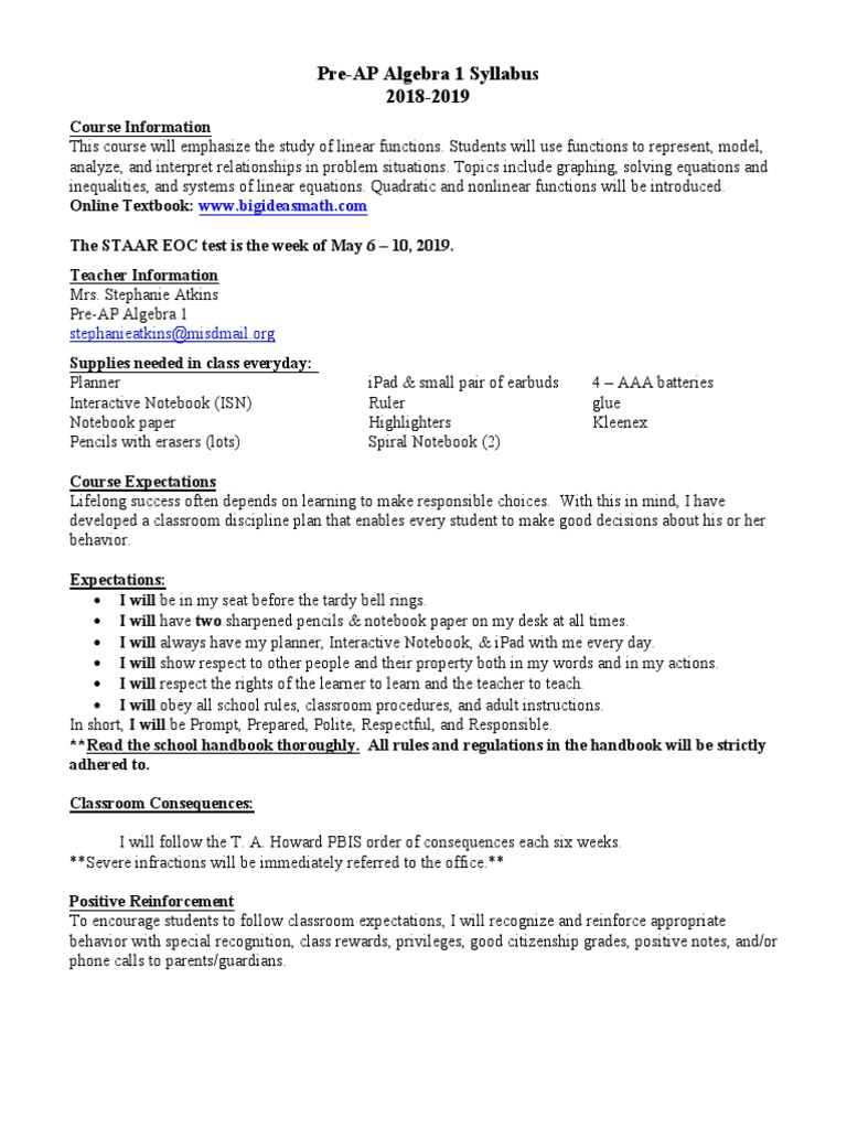 2018 - 2019 Syllabus | PDF | Homework | Classroom