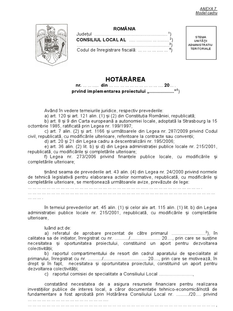 Anexa 7 - Model Hotarare Consiliu Local | PDF