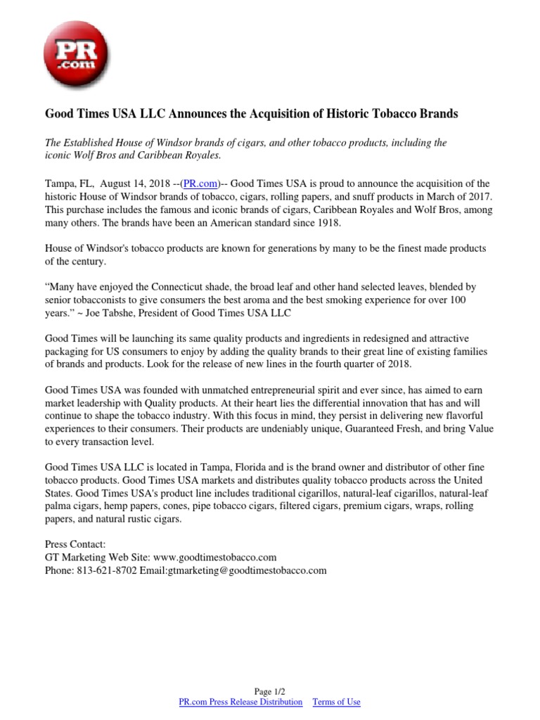 Good Times USA LLC Announces The Acquisition of Historic Tobacco Brands ...