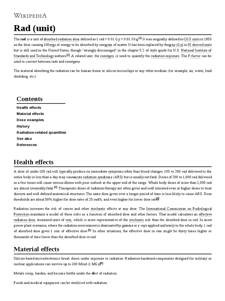 Rad (Unit) : Health Effects Material Effects Dose Examples History ...