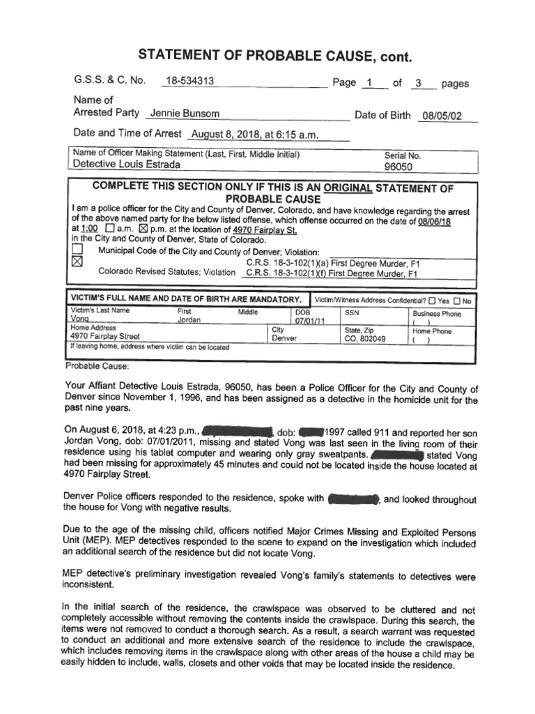 Jennie Bunsom Probable Cause Statement | PDF