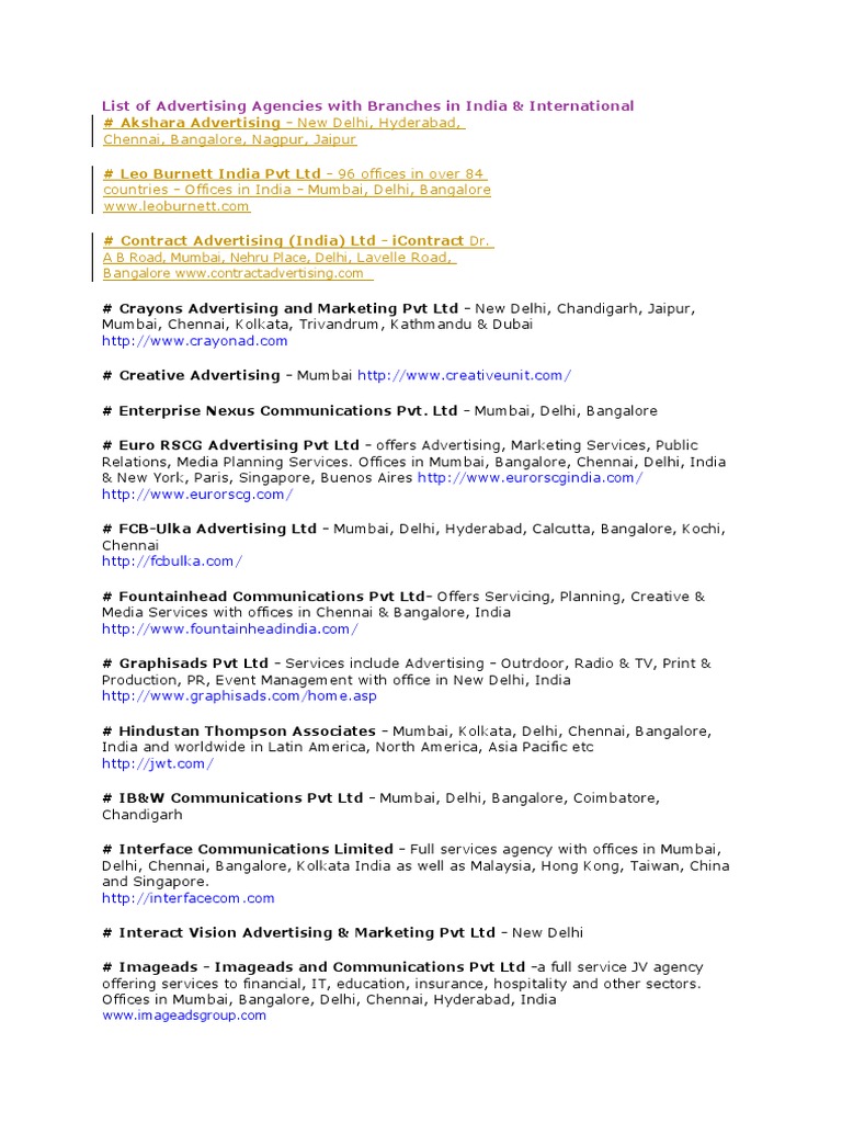 Advertising Agencies in India List | PDF | Business | Kolkata