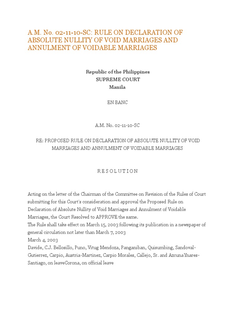 Rule On Declaration of Absolute Nullity of Void Marriages | PDF | Annulment | Lawsuit