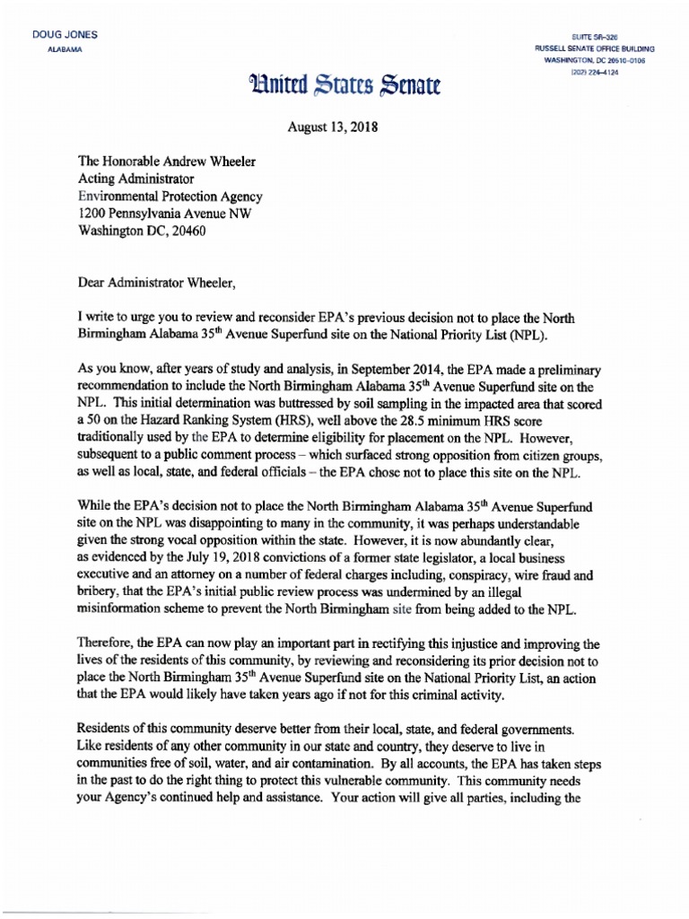 U.S. Sen. Doug Jones' Letter To EPA | PDF