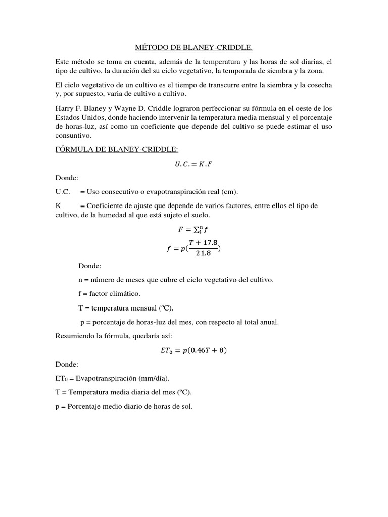 Método de Blaney-Criddle para estimar la evapotranspiración de cultivos ...