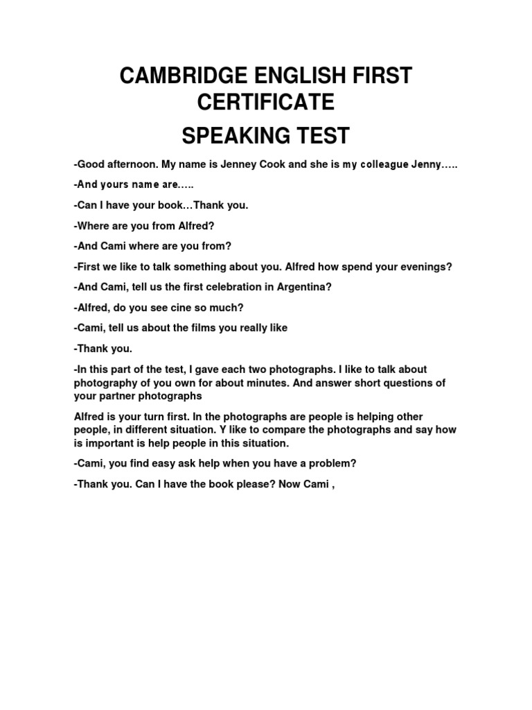 Cambridge English First Certificate Speaking Test | PDF