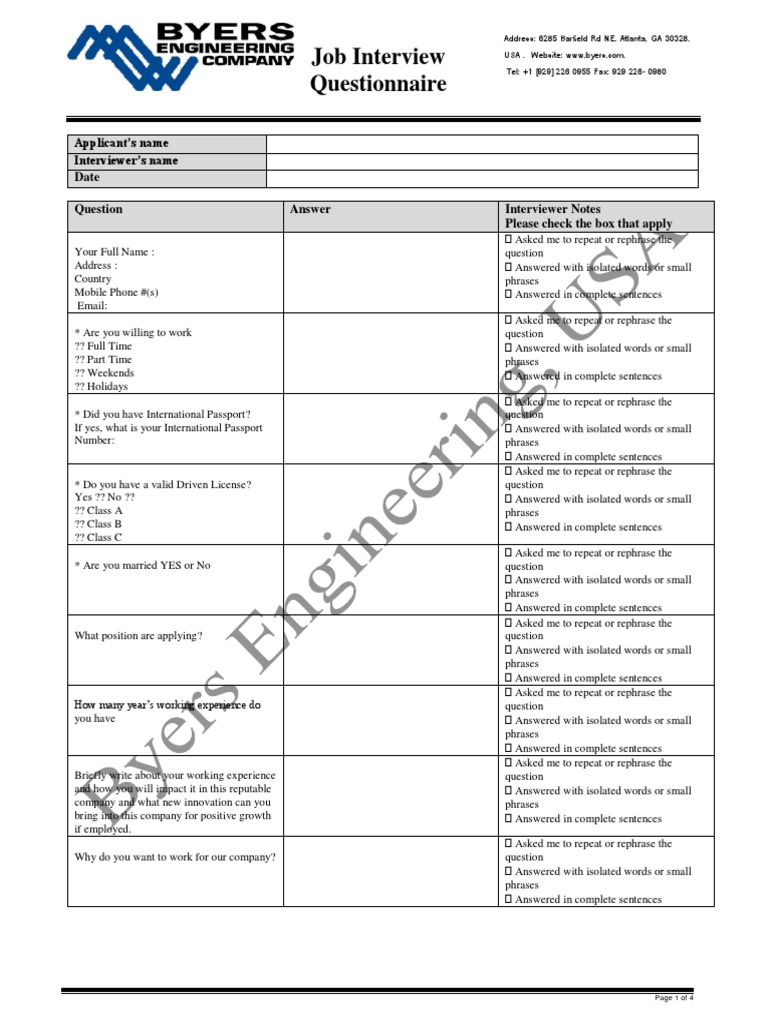 Job Interview Questionnaire | PDF | Question | English Language