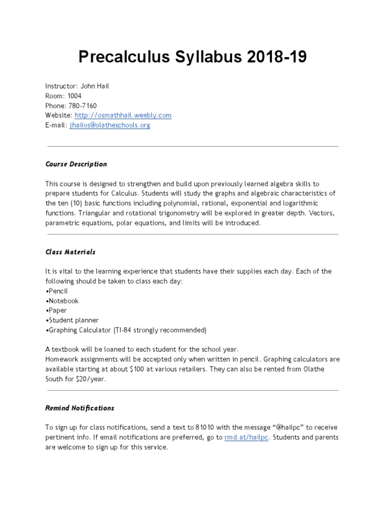 Precalculus Syllabus 2018-19 | PDF | Precalculus | Homework