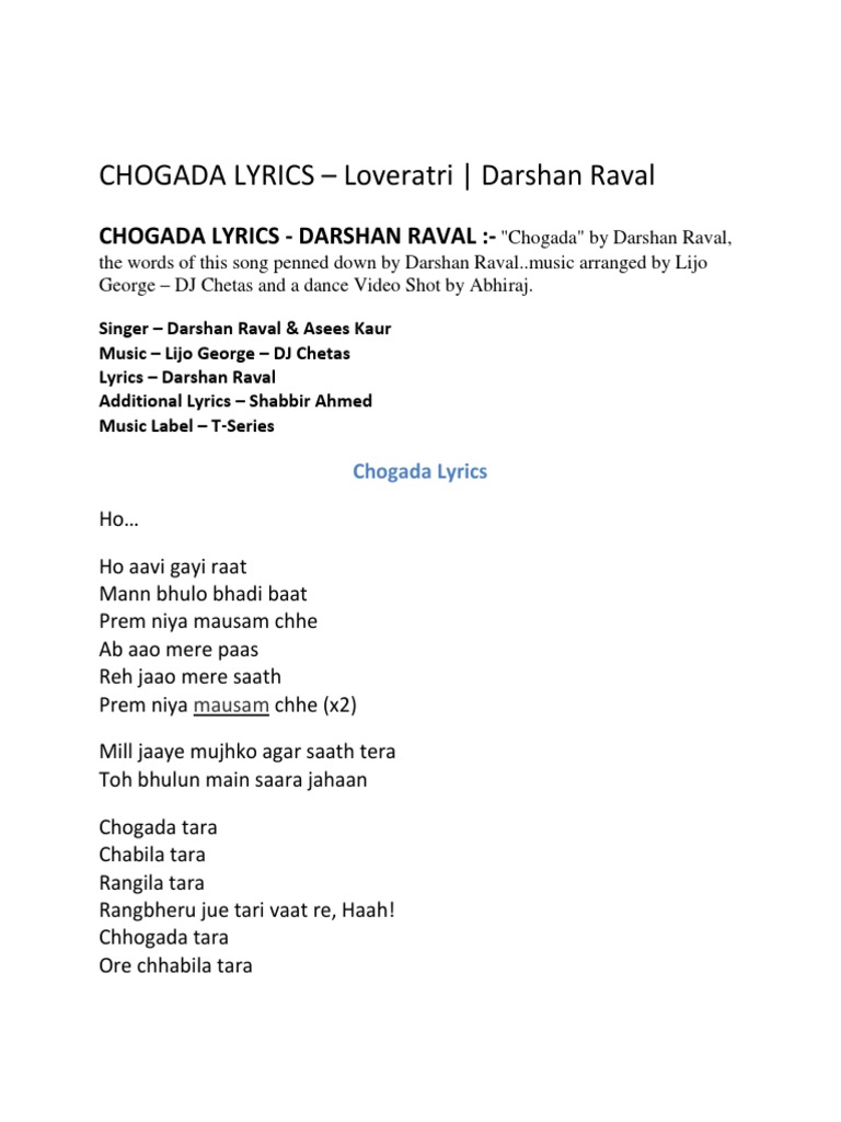 Chogada Lyrics Darshan Raval | PDF | Art